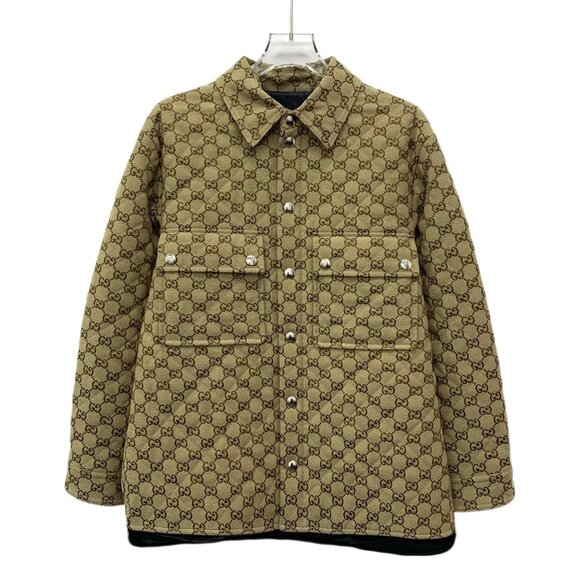 Gucci | Jackets & Coats | Gucci Brown Logo Jacquard Allover Print ...